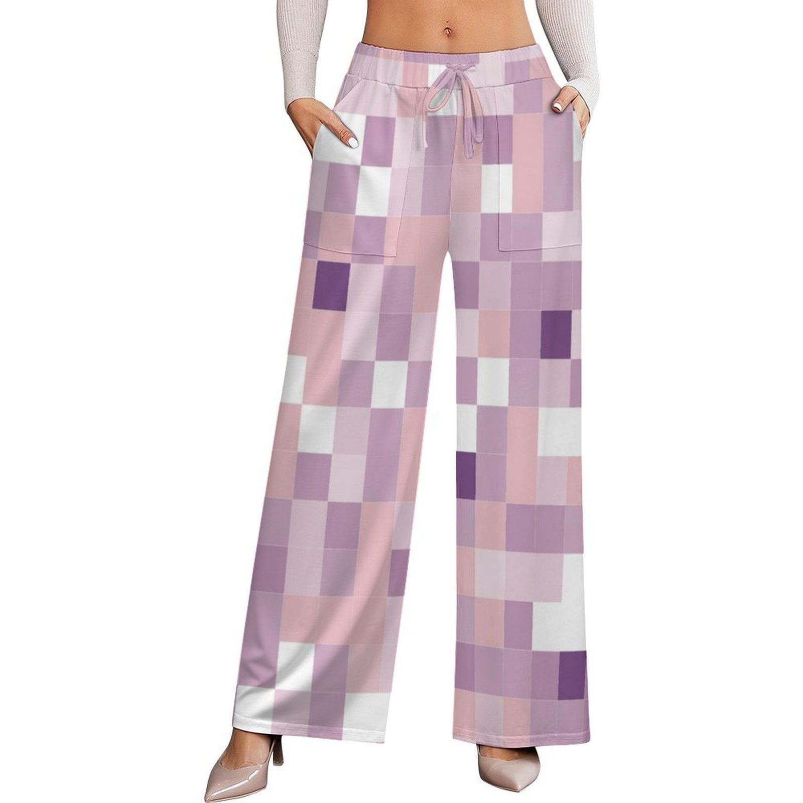 Abstract Pixelated Pink Purple Pattern Women's Casual Wide Leg Pants ...