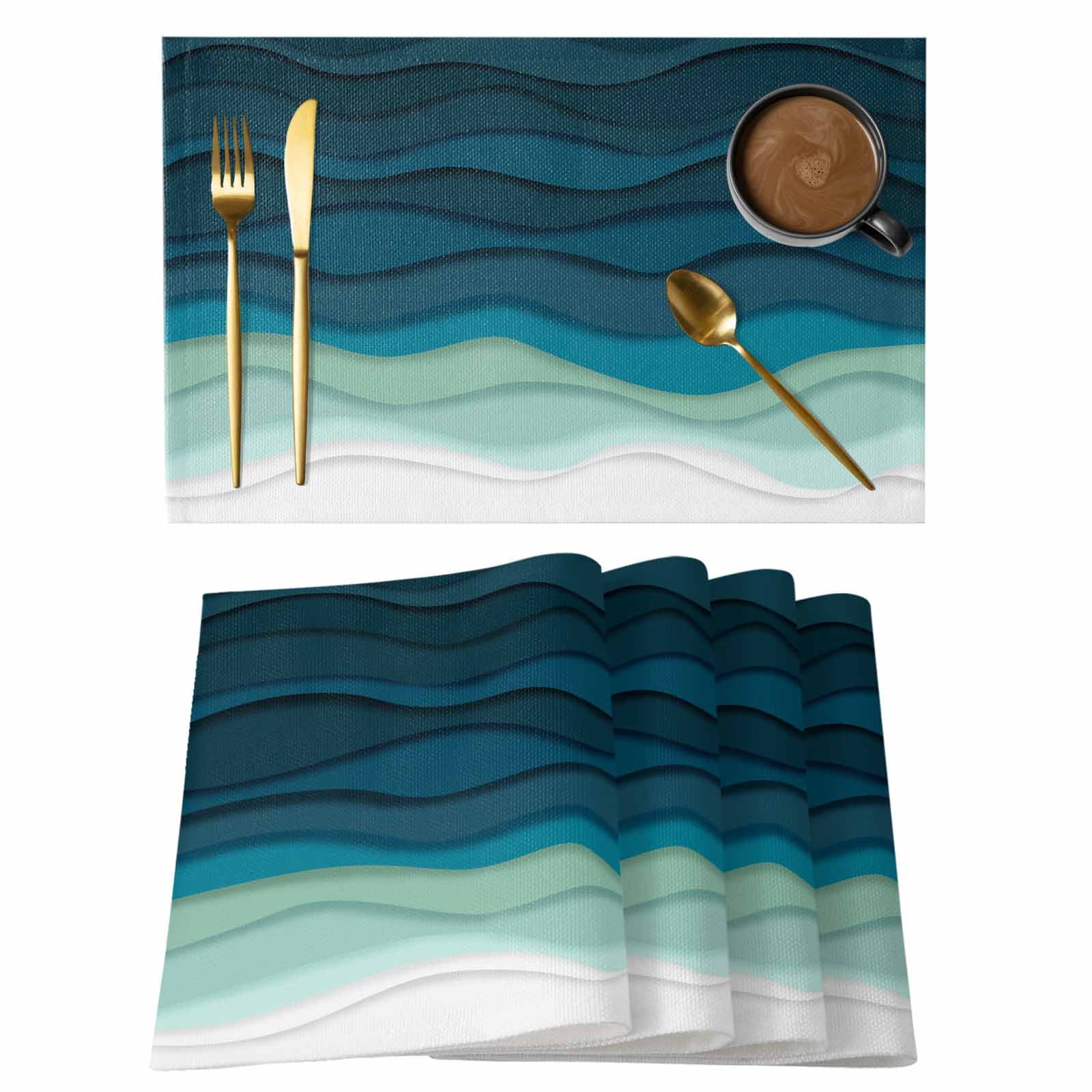 Abstract Placemats Set of 2, Water Duck Green Gradient Ocean Waves Non ...