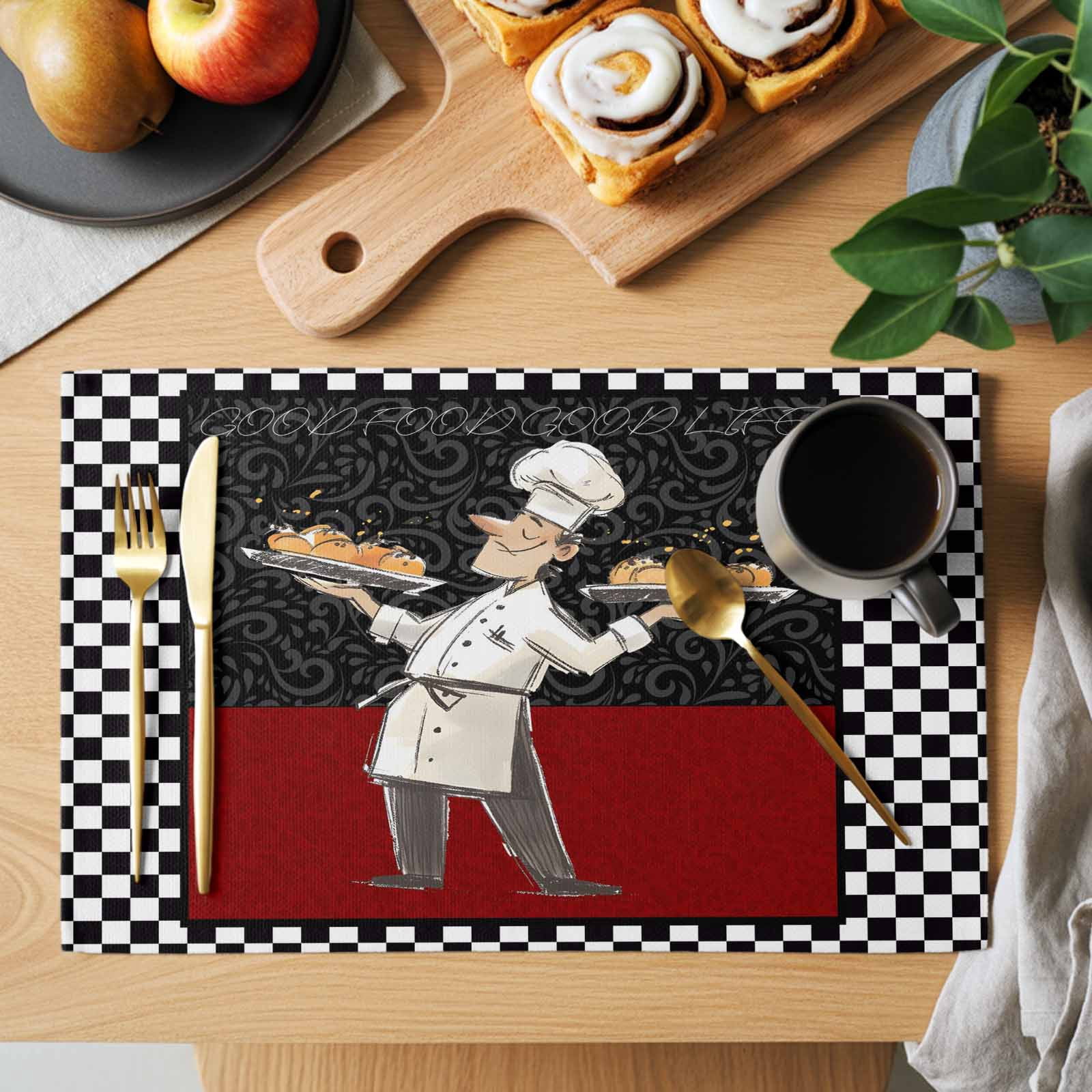 Abstract Placemats Set of 4, Cartoon Style Chef Bread White Black ...