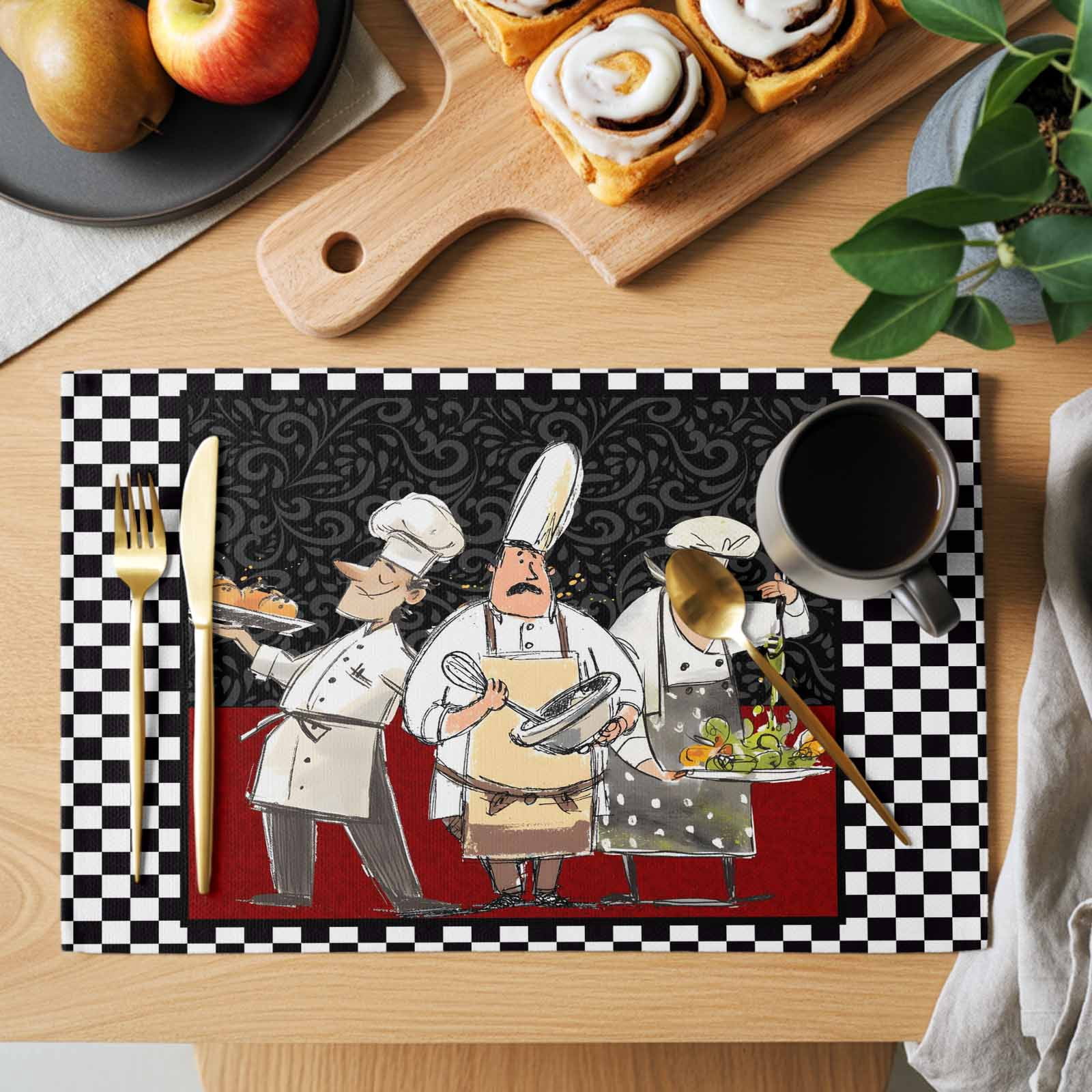 Abstract Placemats Set of 8, Cartoon Style Chef Black and White ...