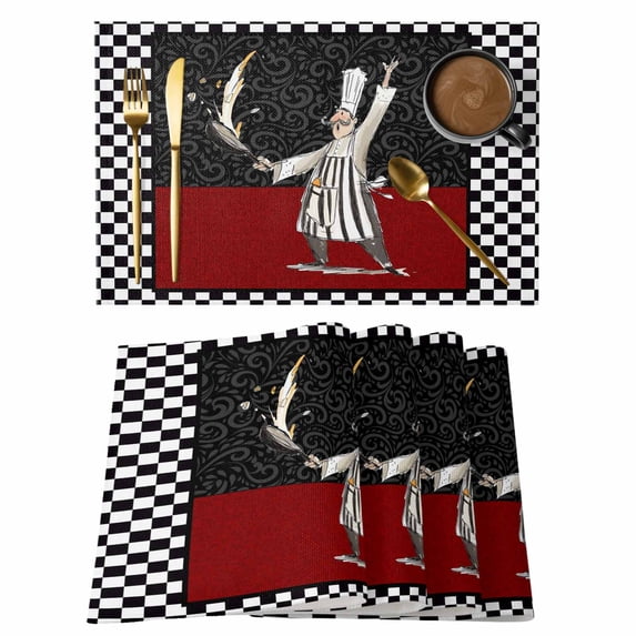 Abstract Placemats Set of 2 Cartoon Style Chef White Black Checkered ...