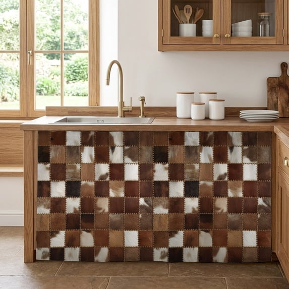 Abstract Plaid Cabinet Curtains 32" W x 55" L Dark Brown Checkerboard ...