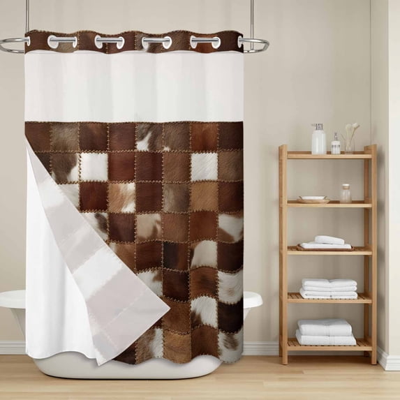 Abstract Plaid No Hook Shower Curtain with Snap in Liner, Dark Brown ...