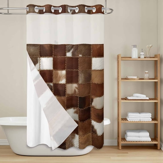 Abstract Plaid No Hook Shower Curtain with Snap in Liner, Dark Brown ...