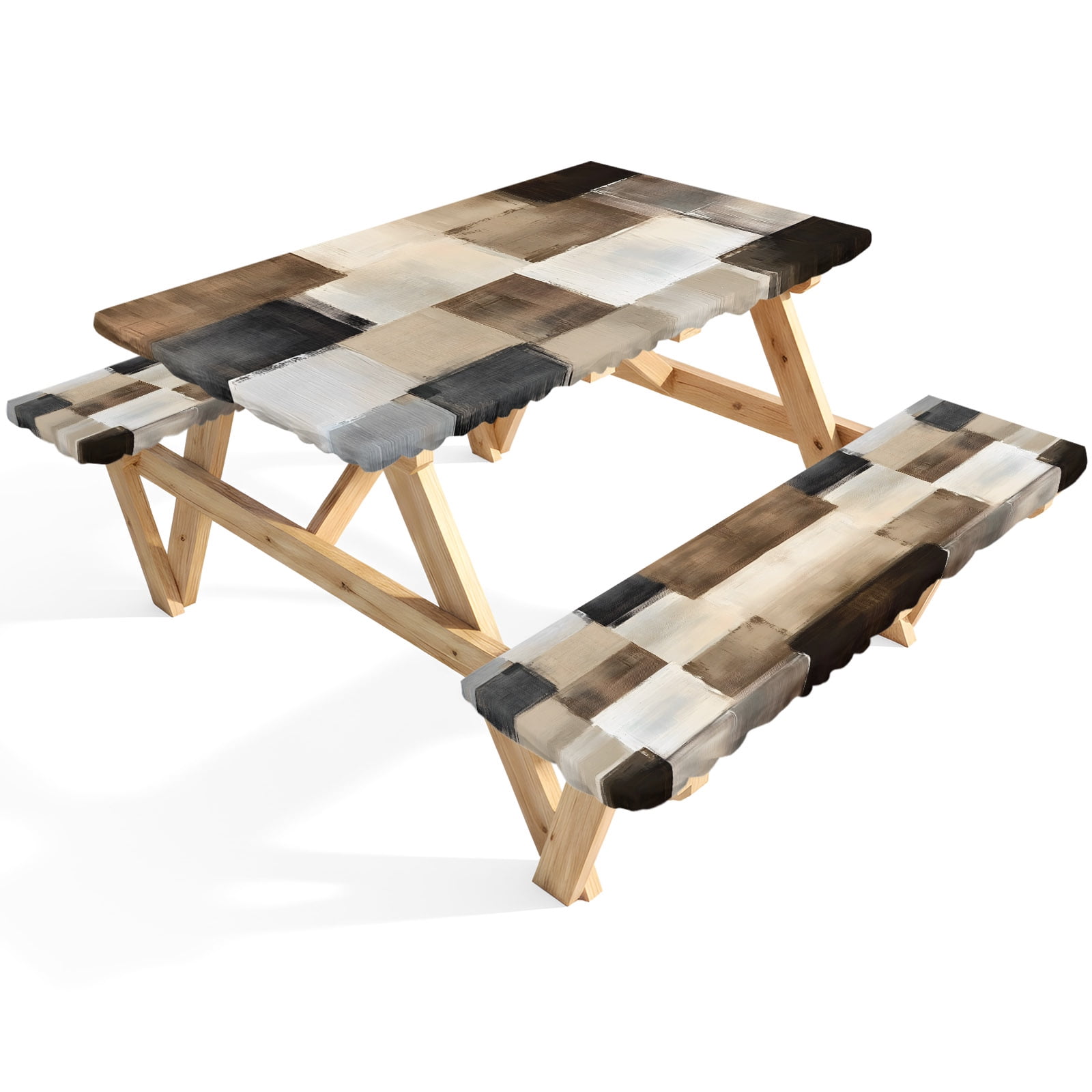 Abstract Plaid Picnic Table Cover with Bench Covers Brown Distressed ...