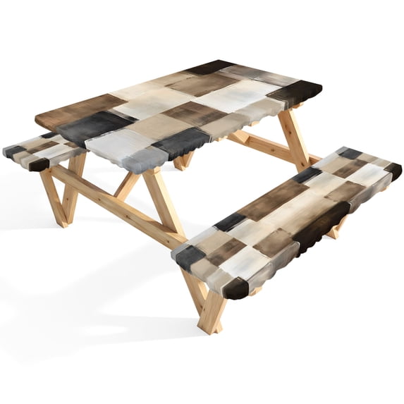 Abstract Plaid Picnic Table Cover with Bench Covers Brown Distressed ...