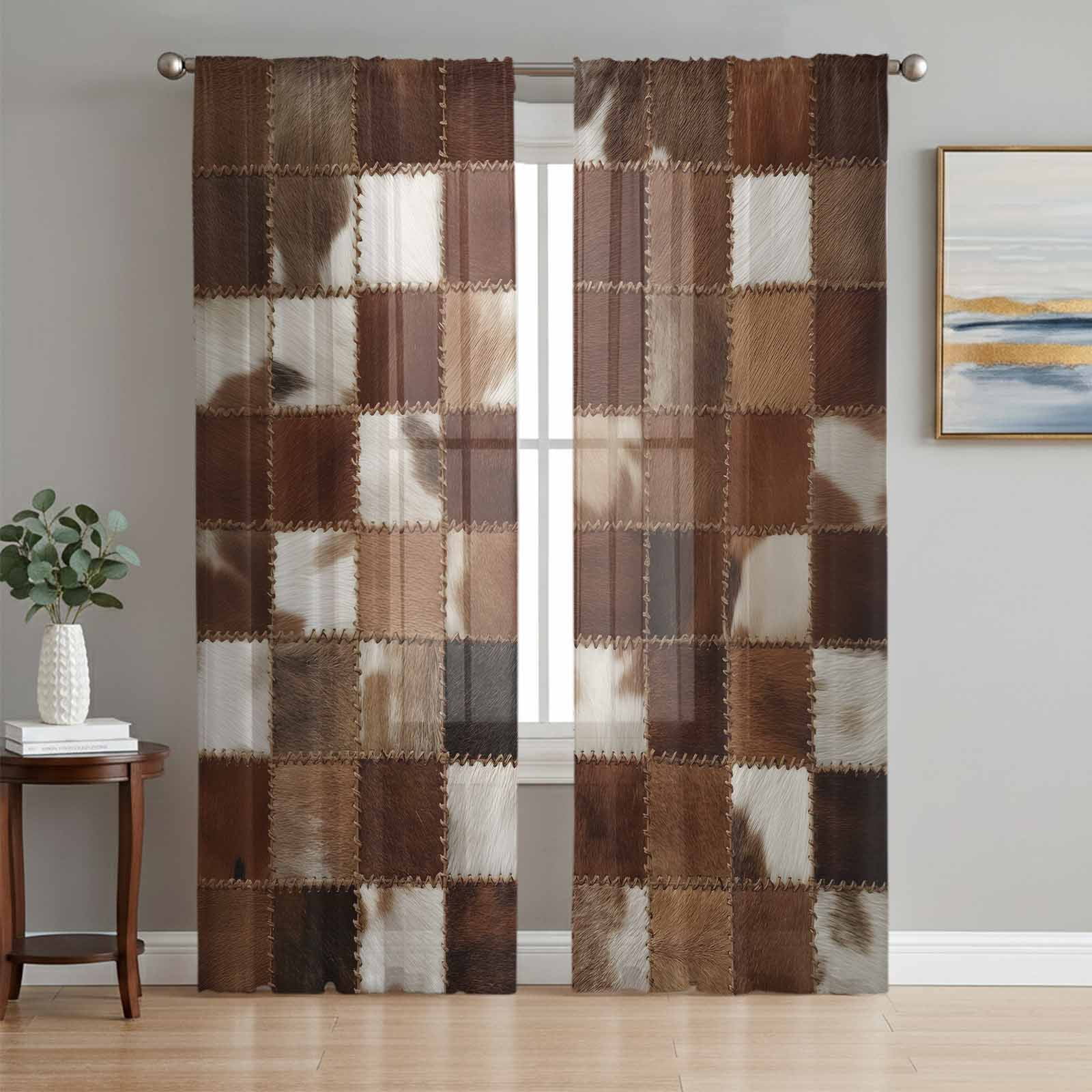 Abstract Plaid Sheer Curtains for Living Room Bedroom, Dark Brown ...