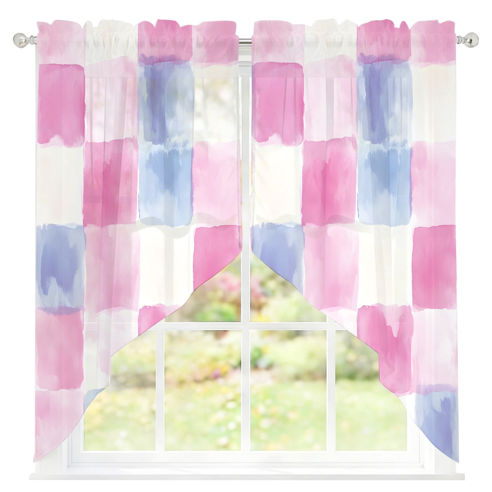 Abstract Plaid Spring Sheer Curtains Swag Valances for Windows Pink ...