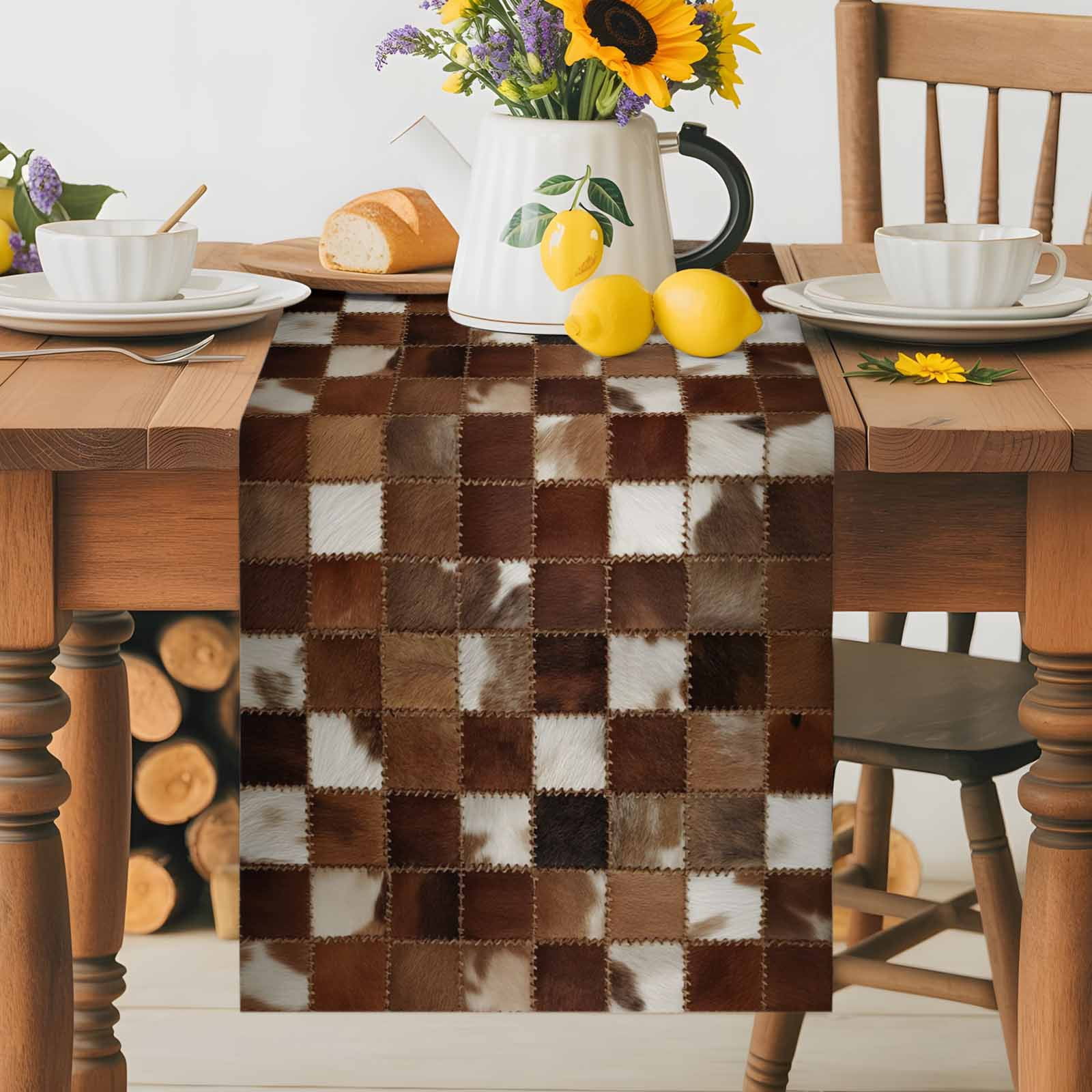 Abstract Plaid Table Runner 13x36 Inch Dark Brown Checkerboard ...