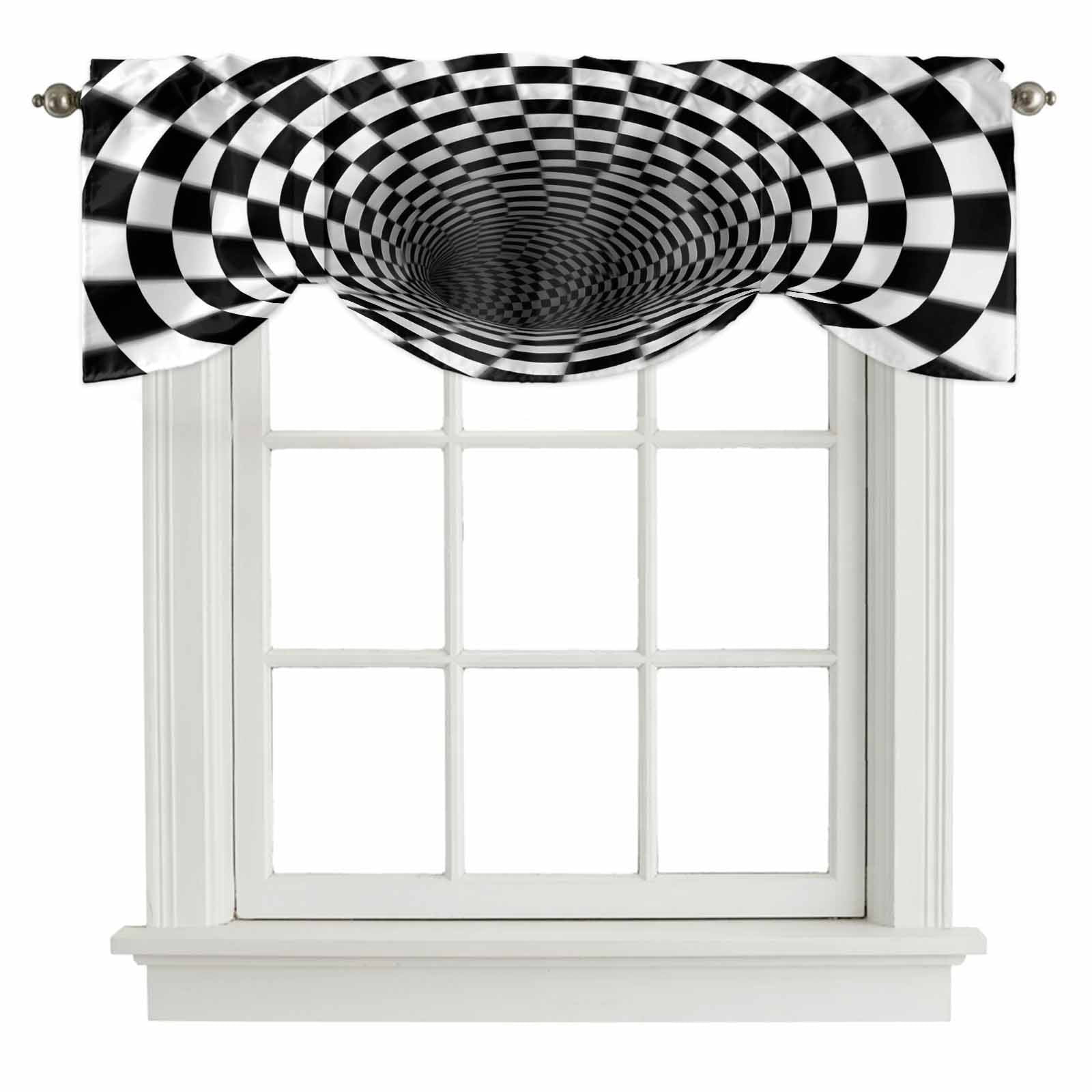 Abstract Plaid Tie Up Valance Curtains 3D Twisted Abstract Black White ...