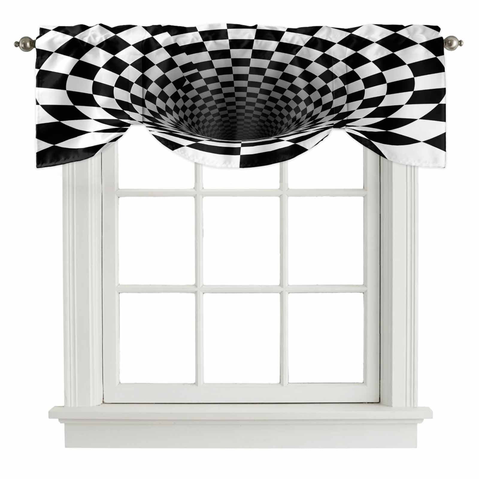 Abstract Plaid Tie Up Valance Curtains Twisted Black White Checkerboard ...