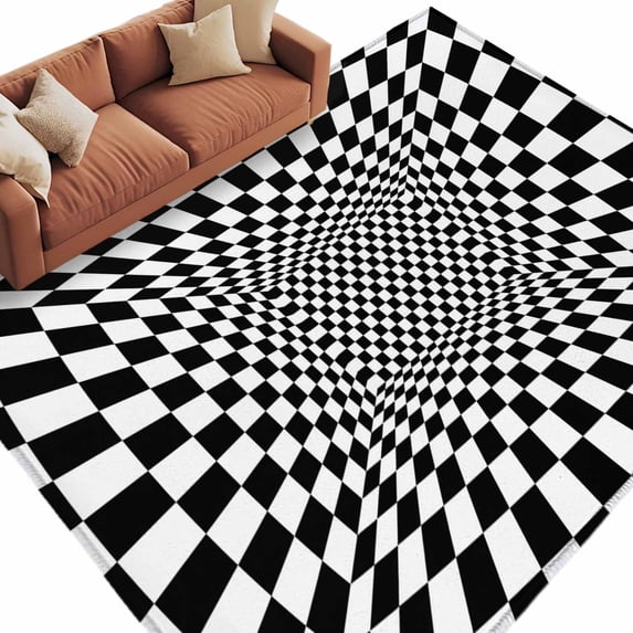 Abstract Plaid Washable Area Rug 6 x 9 ft Black White Checkerboard ...