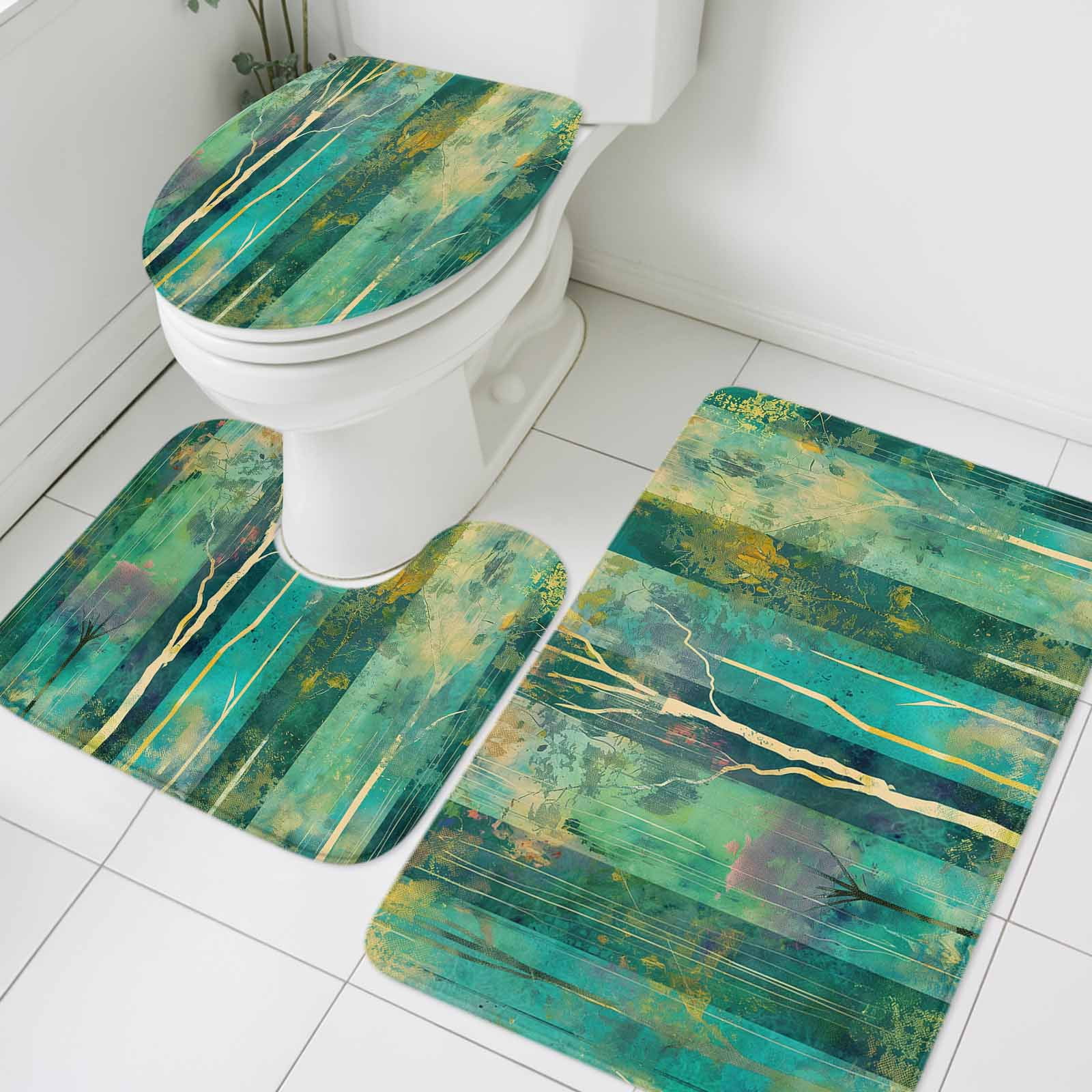 Abstract Plant Bathroom Rugs Set Trees Forest Green Oil Painting Non ...