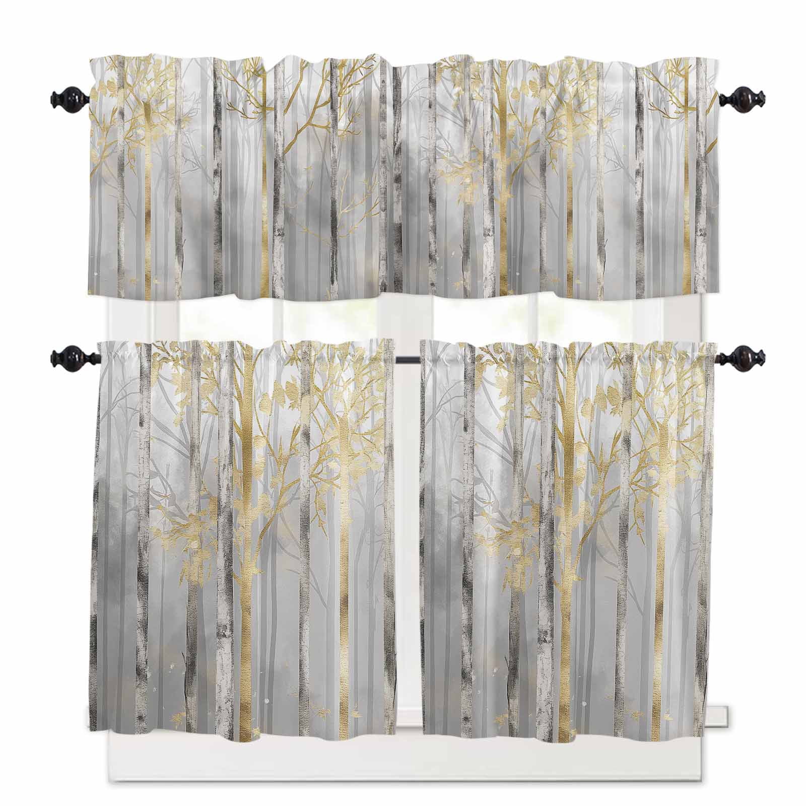 Abstract Plant Kitchen Curtains Valance and Tier Set Trees Forest Gold ...