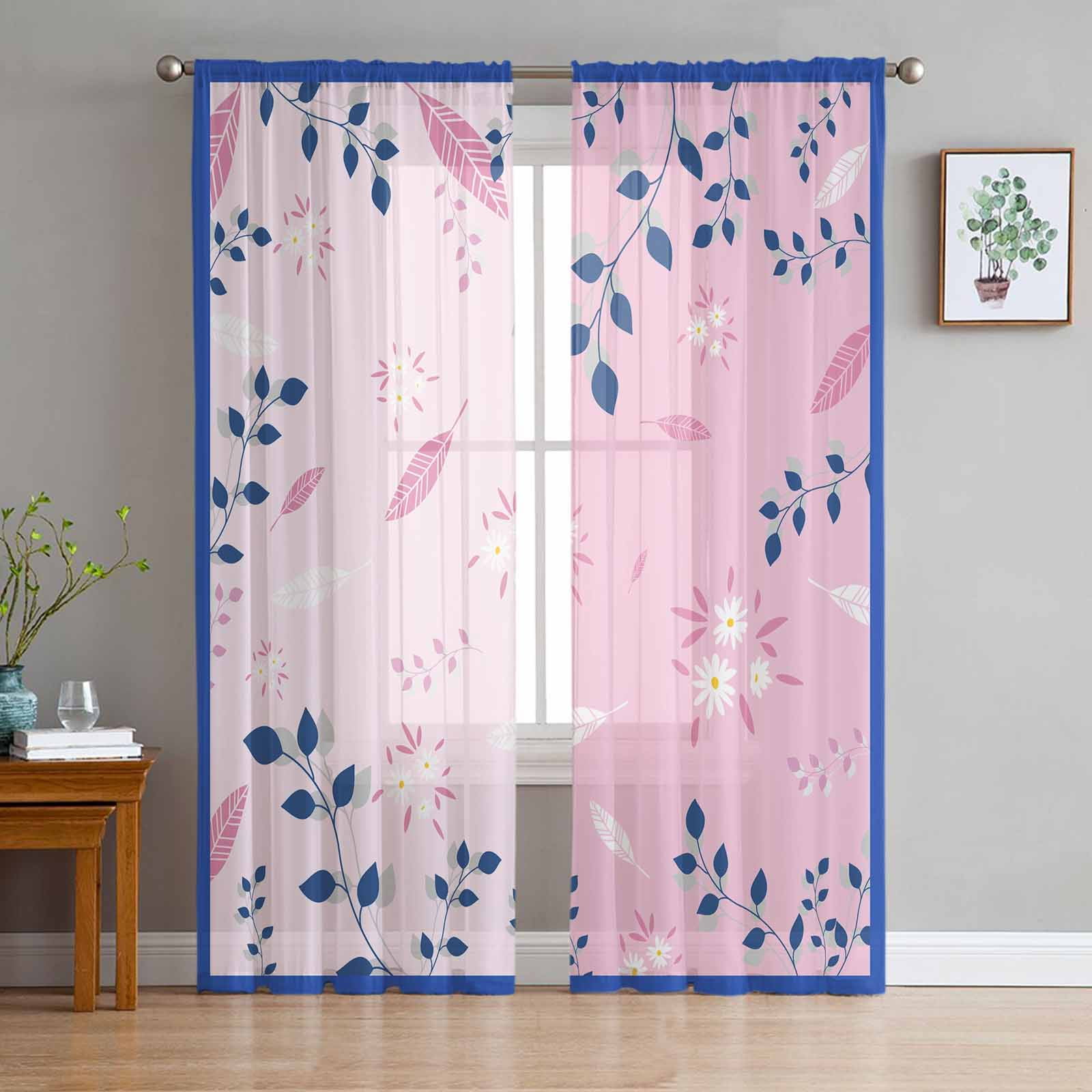 Abstract Plant Leaves Pink Flower Feathers Sheer Curtains for Kids ...