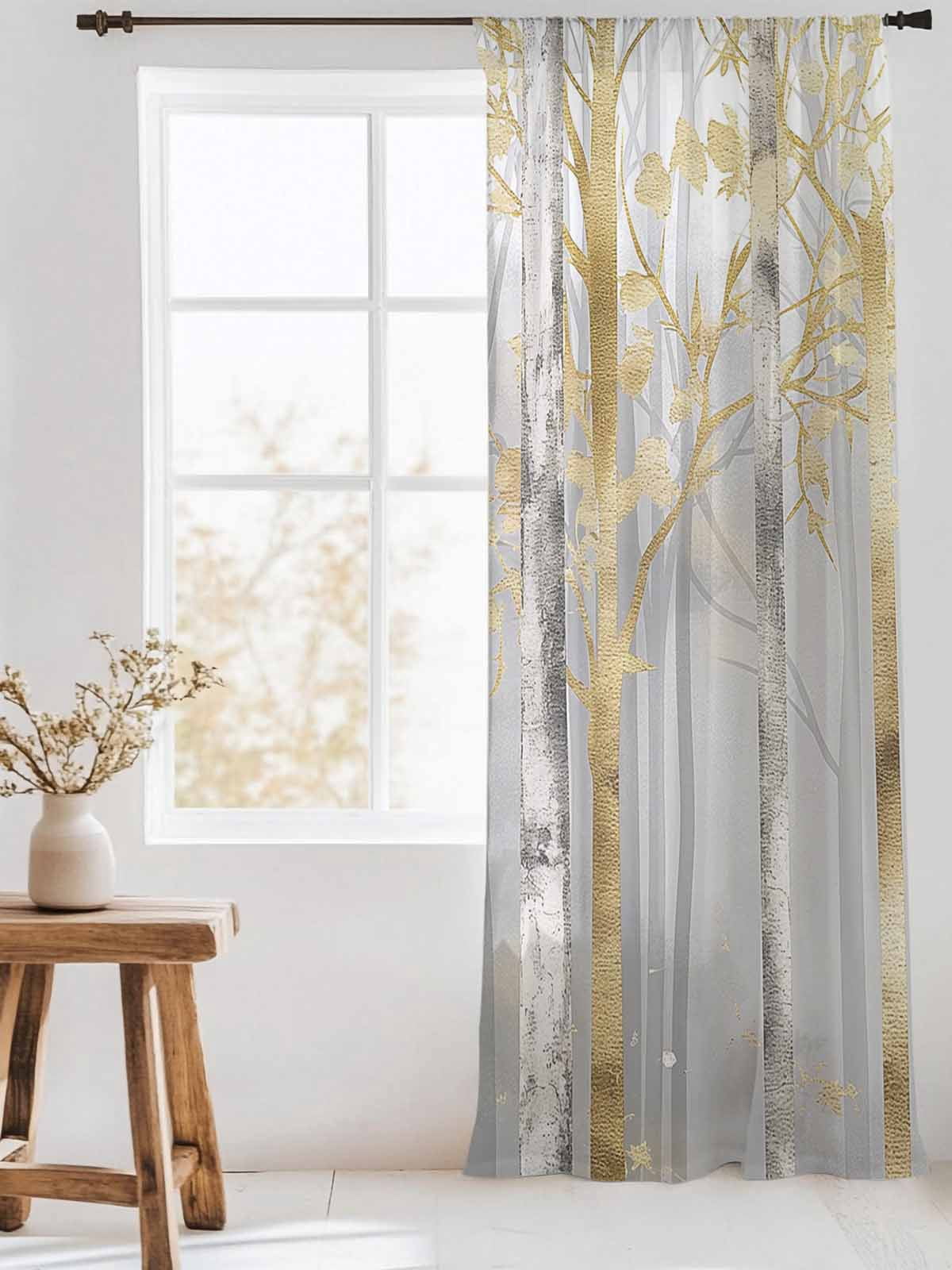 Abstract Plant Sheer Curtains 96 Inch Long 1 Panel Trees Forest Gold ...