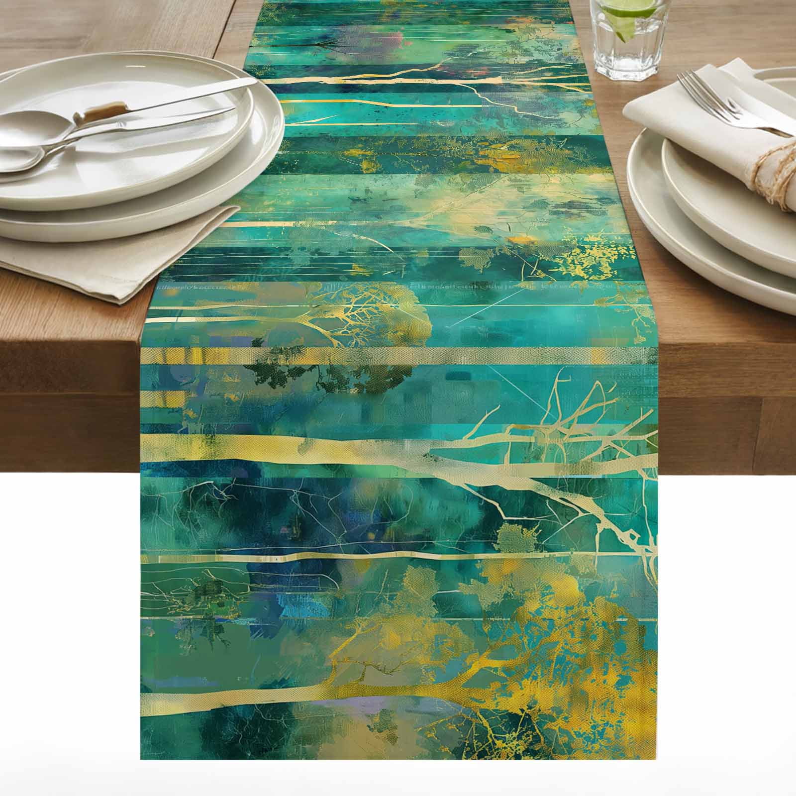 Abstract Plant Table Runner 13x108 inch Trees Forest Green Oil Painting ...