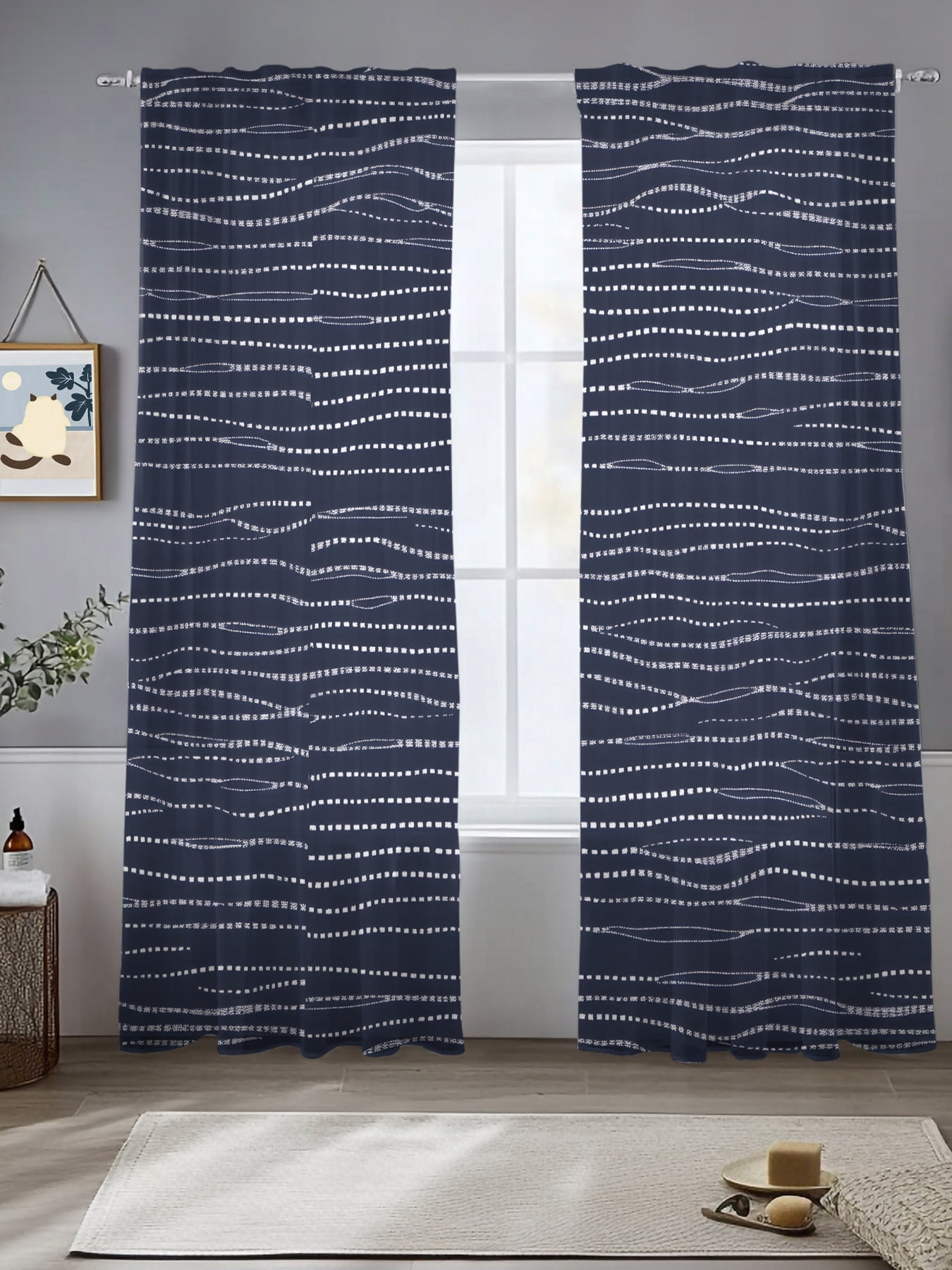 Abstract Polka Dot Stripes Chiffon Sheer Curtains 84 Inches Long White ...