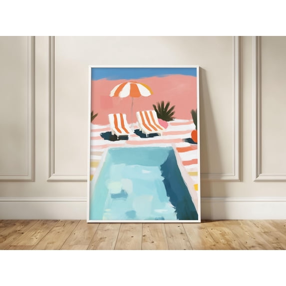 Abstract Poolside Print, Retro Summer Lounge Chairs, Mid Century Modern ...