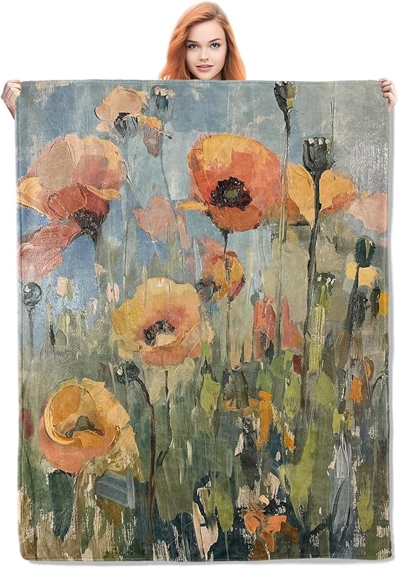 Abstract Poppy Field Painting Blanket, Vintage Floral Flannel Throw ...