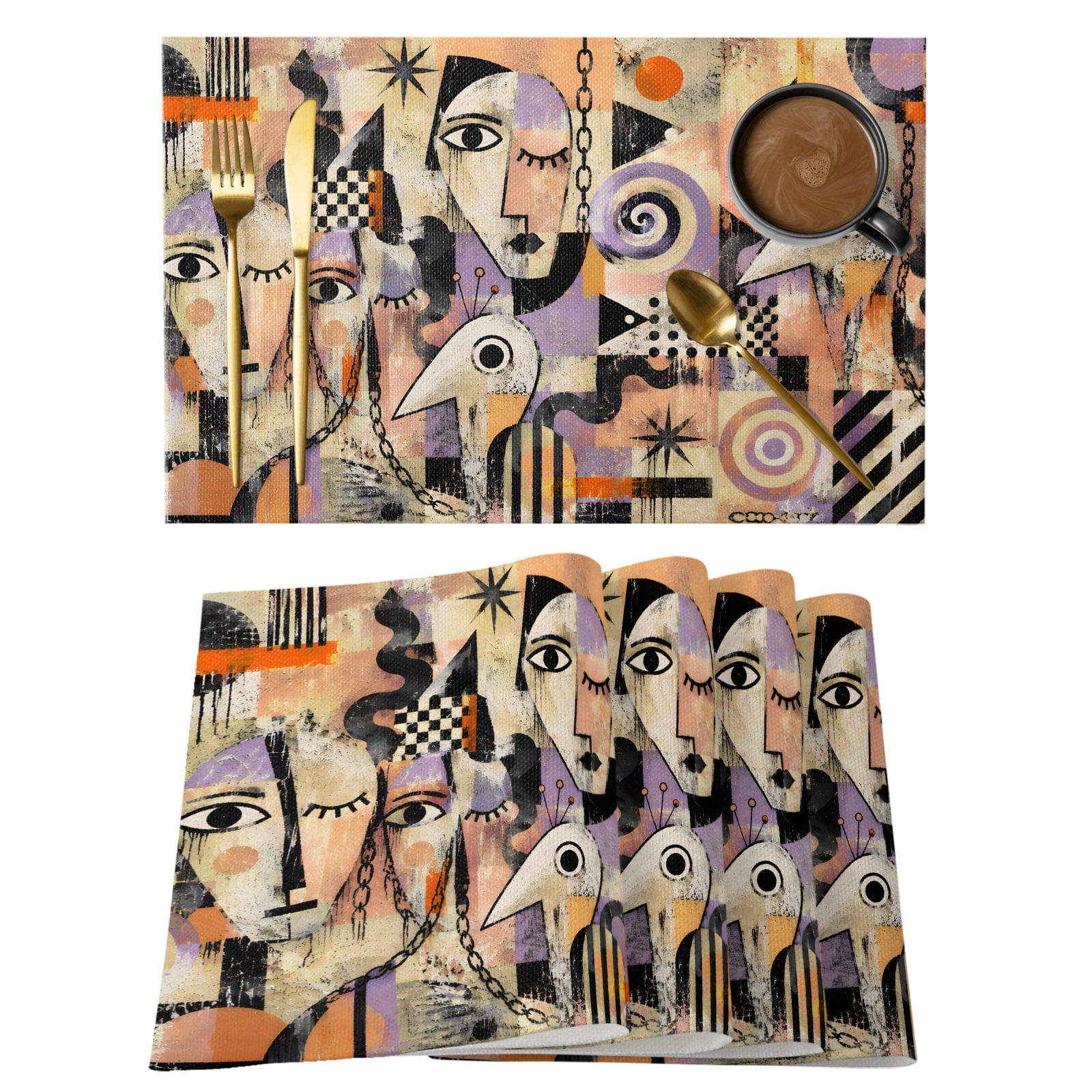 Abstract Portrait Faces Placemats Set of 2, Vintage Black Yellow Purple ...