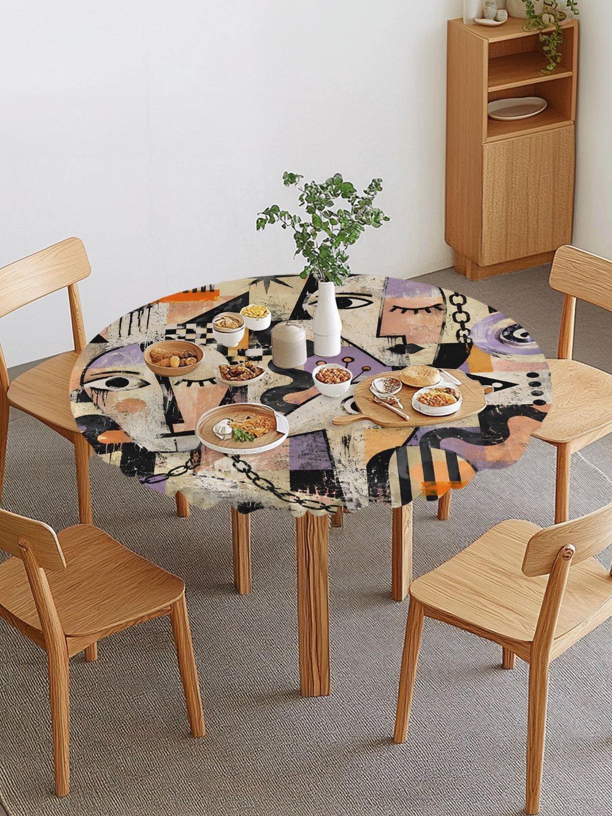 Abstract Portrait Faces Round Fitted Tablecloth with Elastic Edge ...