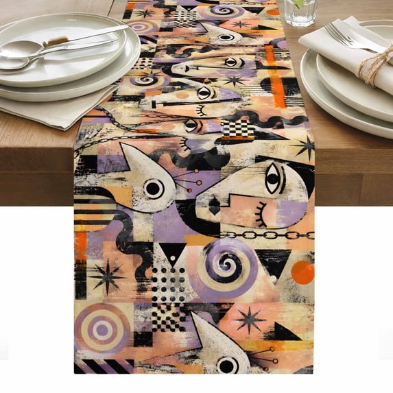 Abstract Portrait Faces Table Runner, Vintage Black Yellow Purple ...