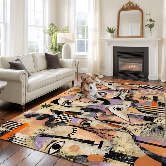 Abstract Portrait Faces Washable Area Rug 5x8 Vintage Black Yellow ...