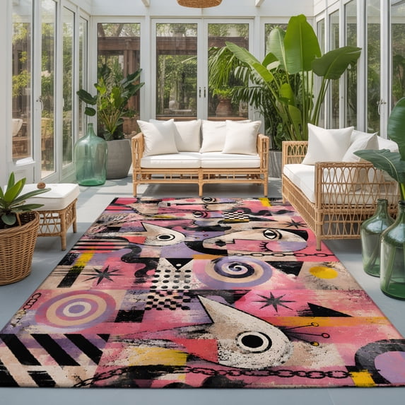 Abstract Portrait Faces Washable Living Room Rugs 5'x8', Vintage Pink ...