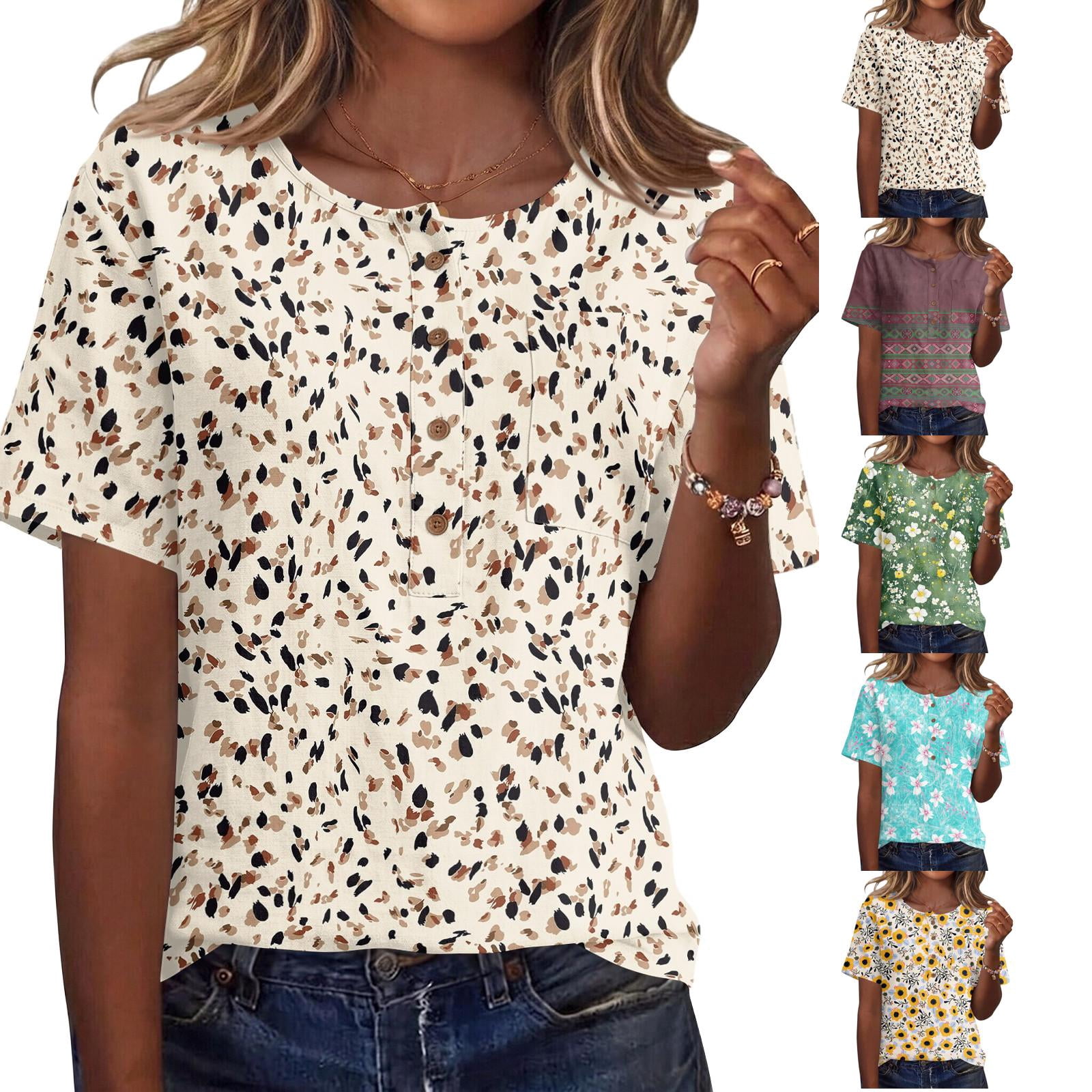 Abstract Print Henley Top for Women, Short Sleeve Button Down Tunic ...