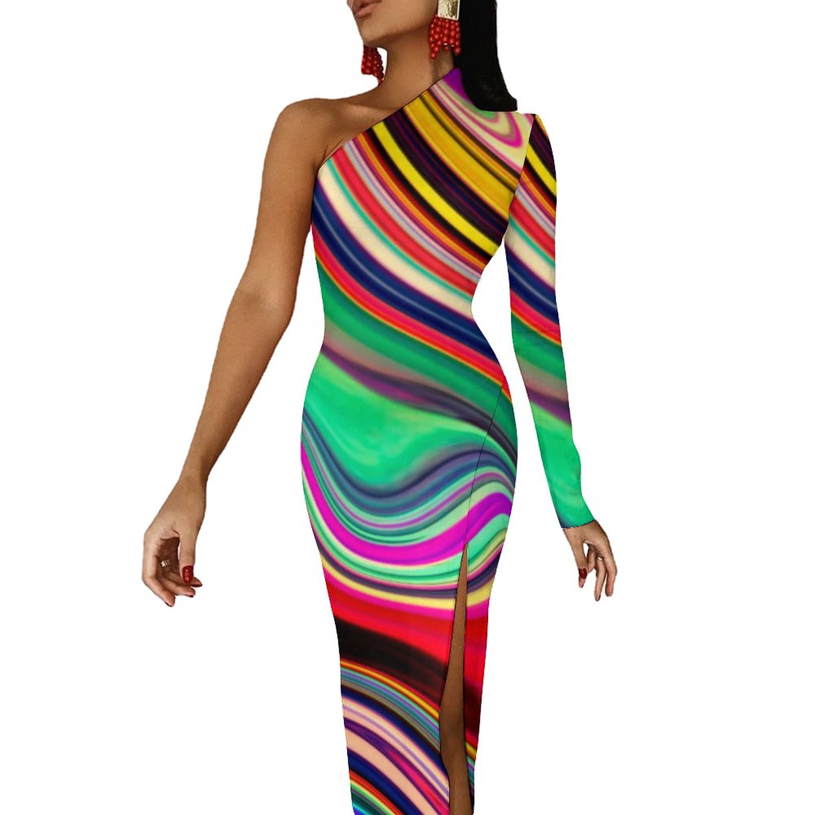 Abstract Print Side Split Bodycon Dress Womens Mixed Color Tie-Dye ...