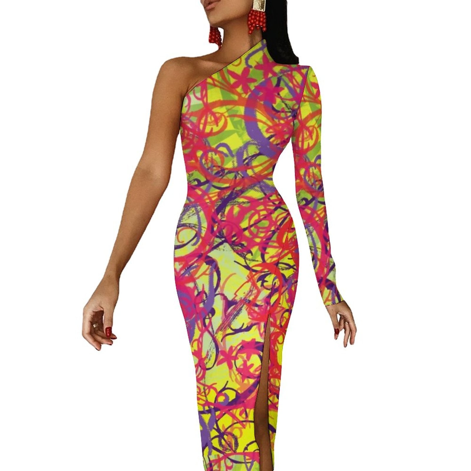 Abstract Print Side Split Bodycon Dress Womens Mixed Color Tie-Dye ...