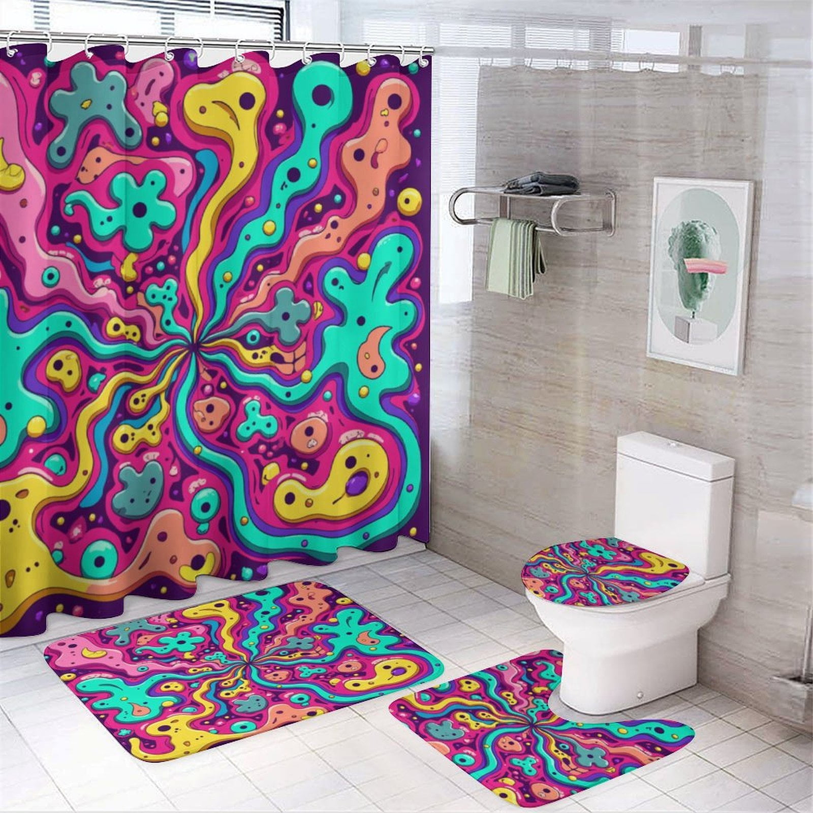 Abstract Psychedelic Colorful Artwork Swirls 4 Pcs Bathroom Shower ...