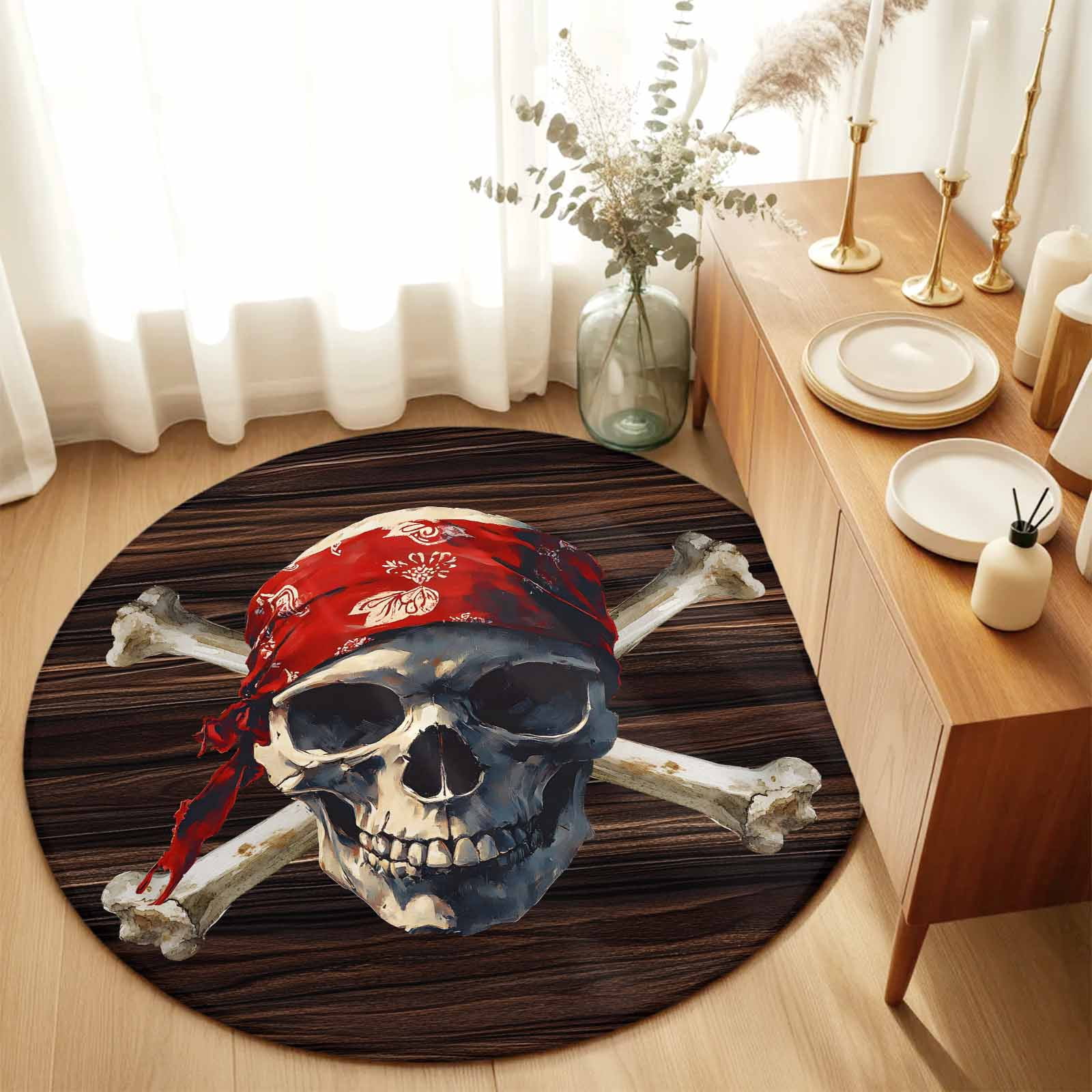 Abstract Punk Pirate Skull Round Rug 3ft Crossbones on Brown Wood Board ...