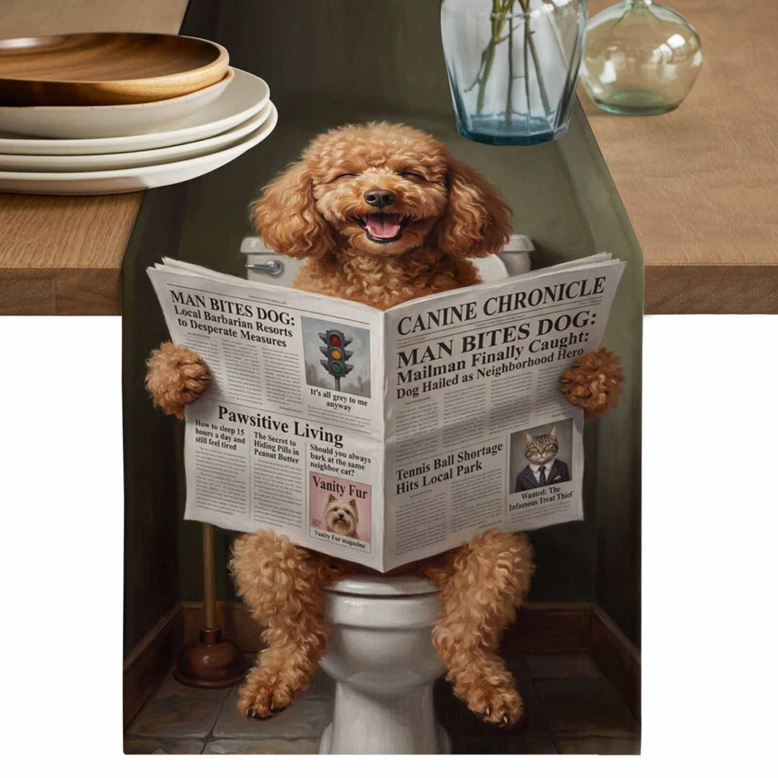 Abstract Puppy Table Runner 72 Inches, Cute Dogs Reading Newspaper ...
