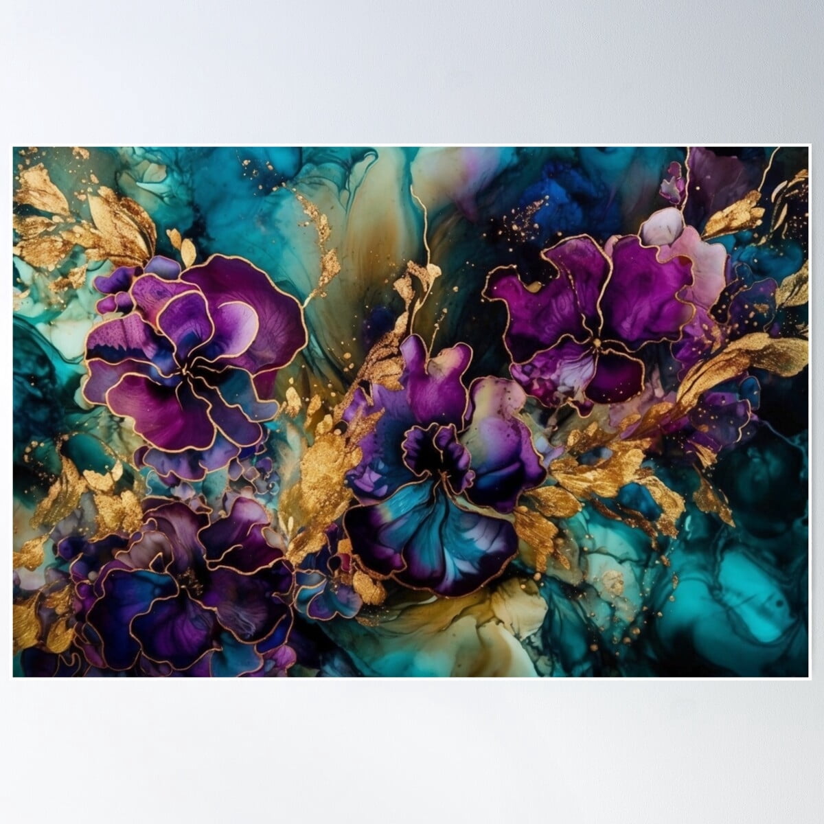 Abstract Purple And Teal Floral Poster Wall Art, UNFRAMED PAPER POSTER ...