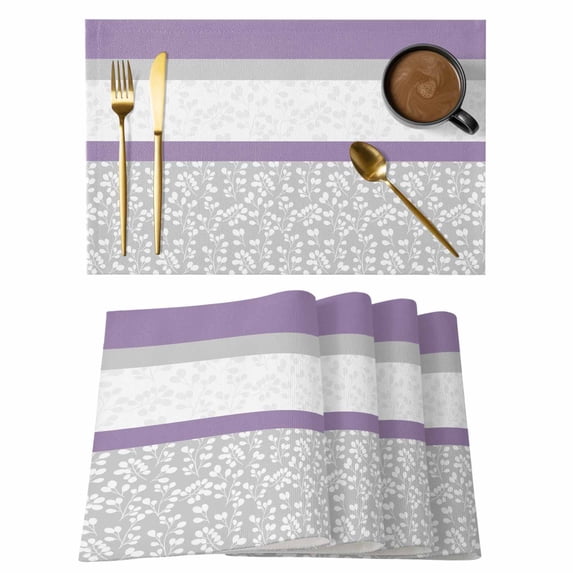 Abstract Purple Cotton Linen Placemats Set of 2, Grey Stripes Floral ...