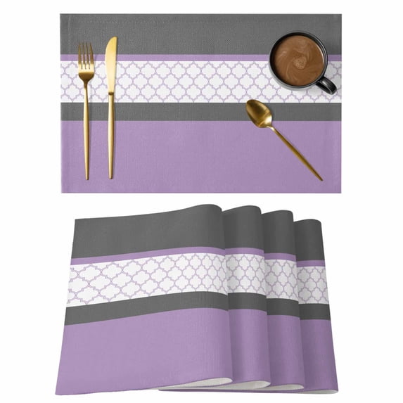 Abstract Purple Cotton Linen Placemats Set of 6, Grey Stripes Moroccan ...