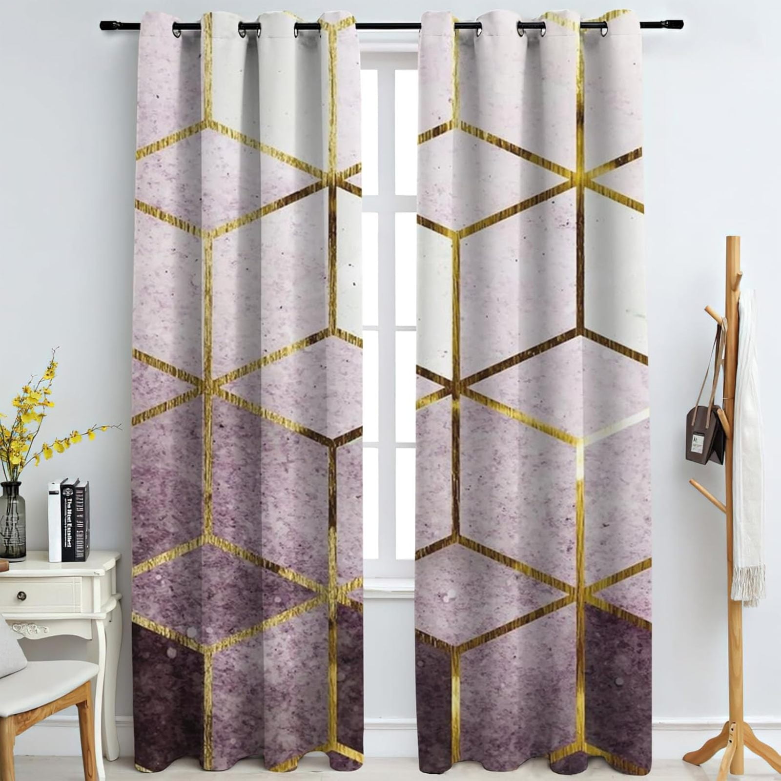 Abstract Purple Cubic Patterned Blackout Window Curtain, European Style ...