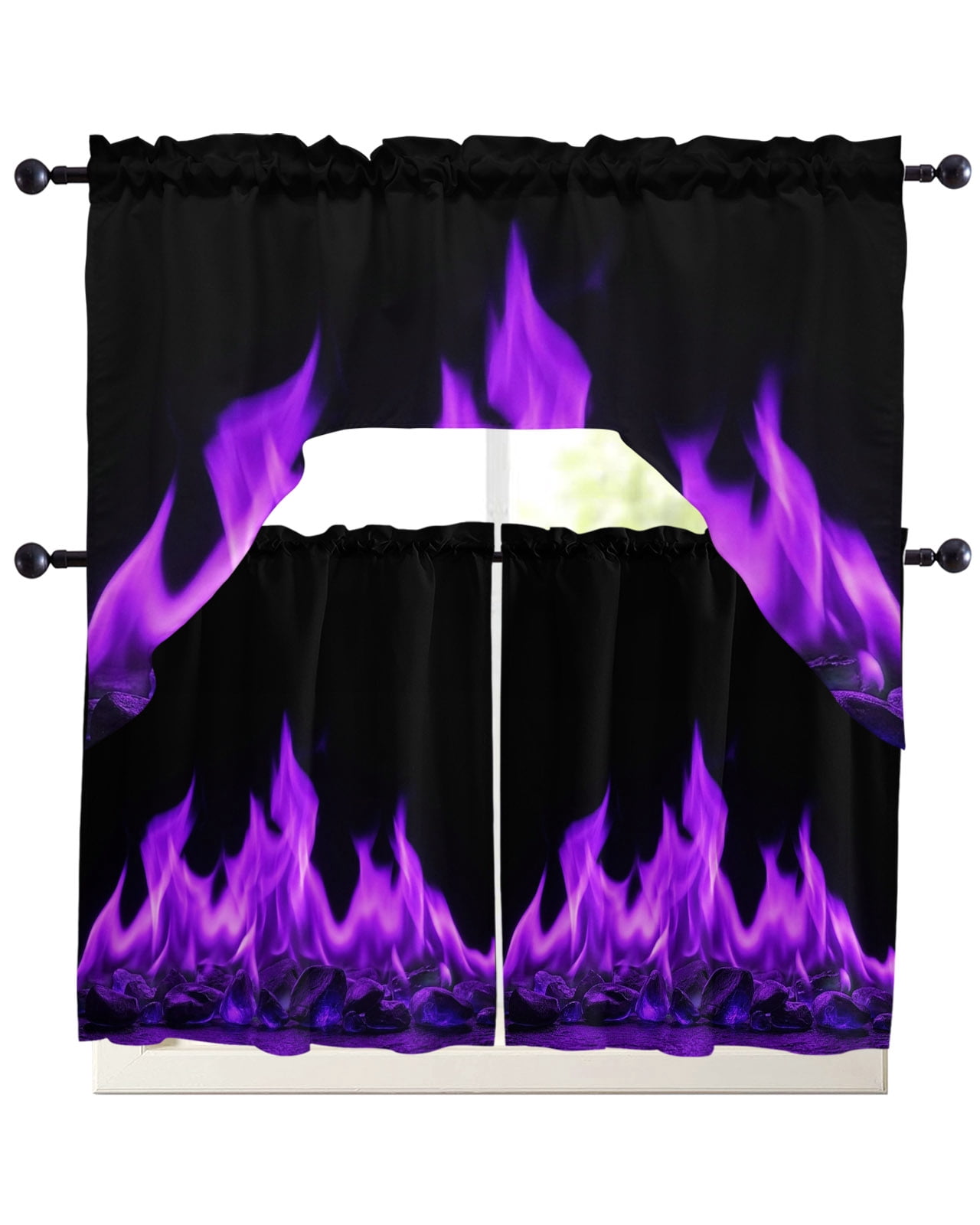 Abstract Purple Flame Kitchen Curtains Set for Windows 3 Piece Cafe ...