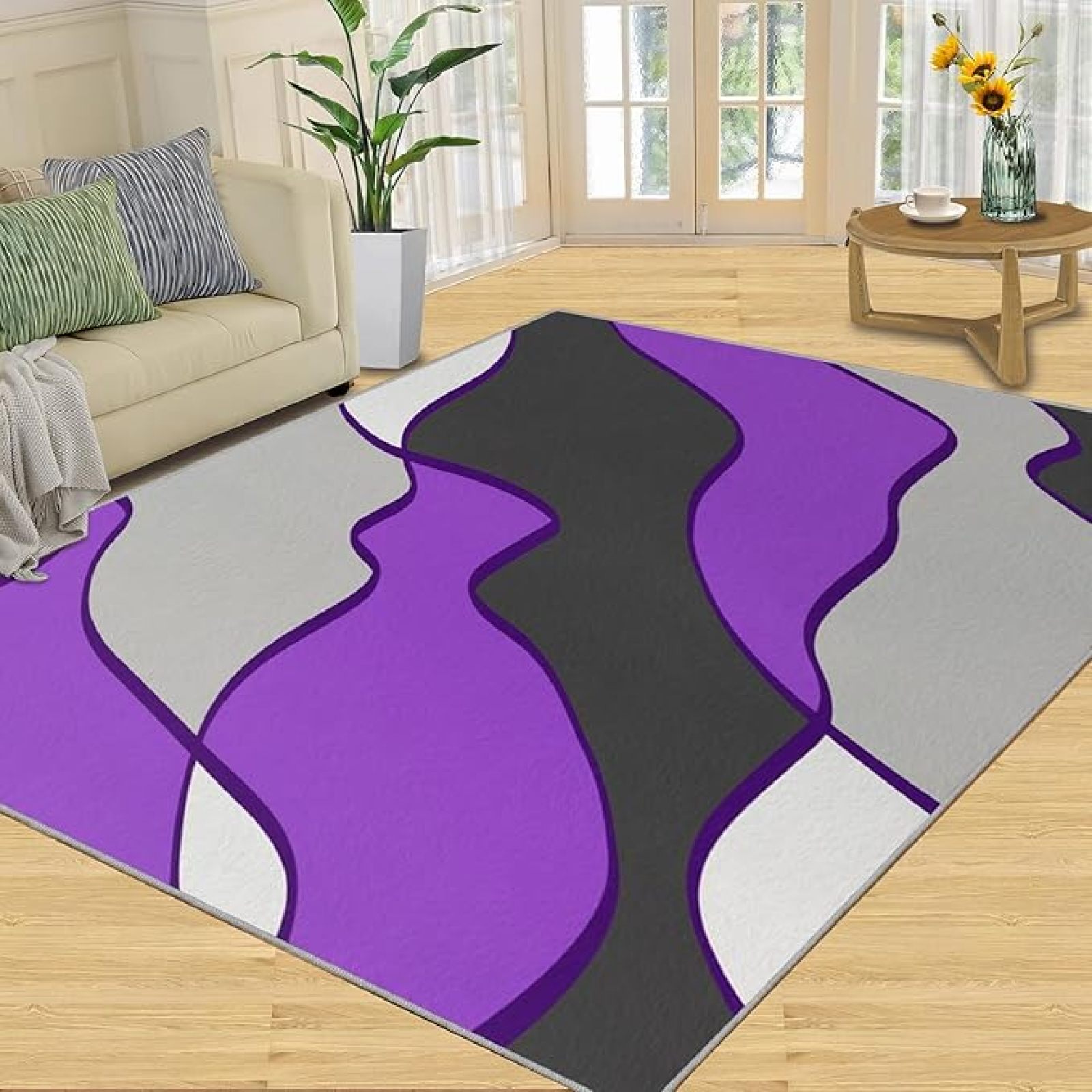 Abstract Purple Geometry Area Rug, Black And Gray Water Indoor Rugs ...
