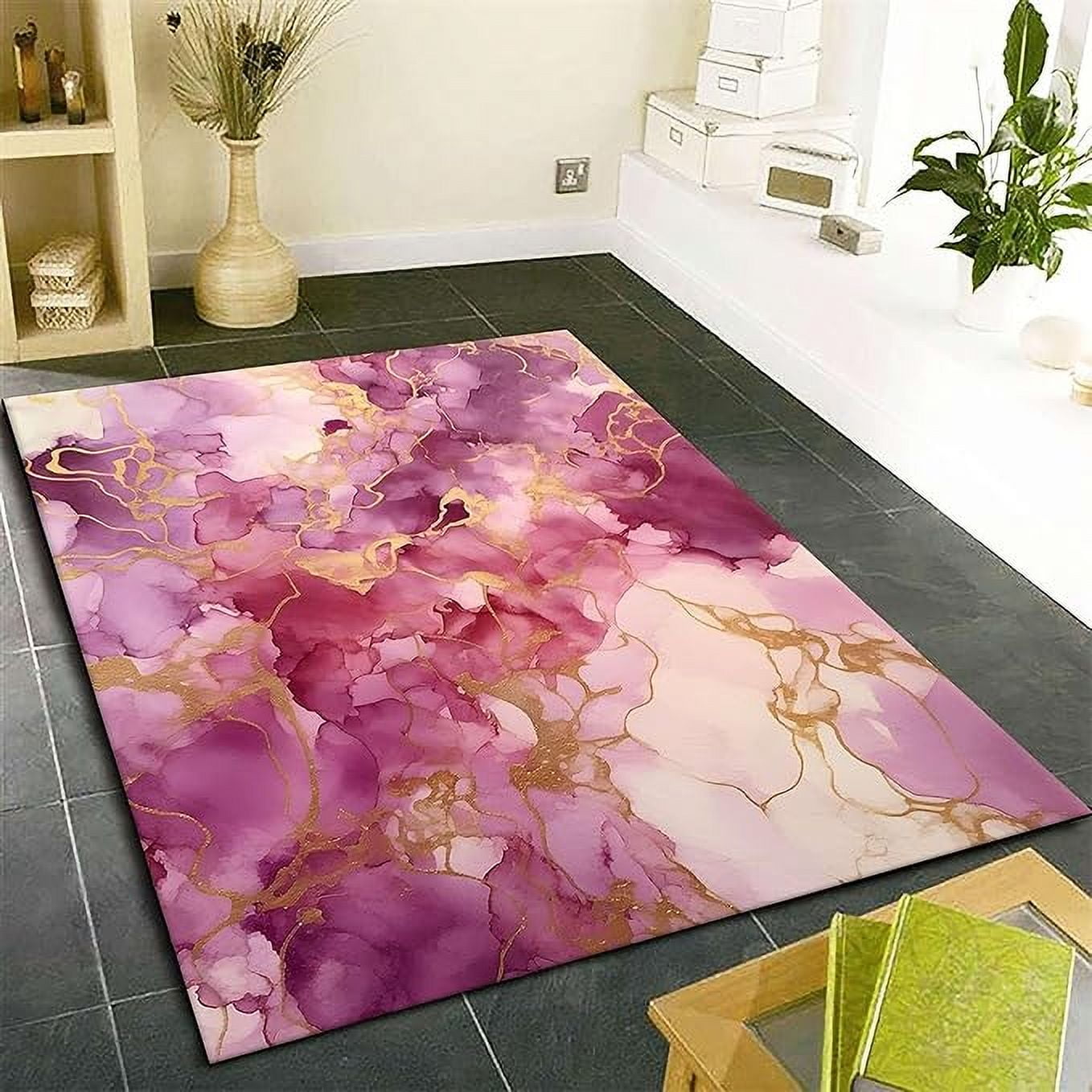 Abstract Purple Gold Marble Area Rug, Luxury Purple Gradient Gold Foil ...