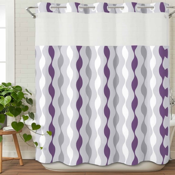 Abstract Purple Gray Wavy Stripes No Hook Shower Curtain with Snap in ...