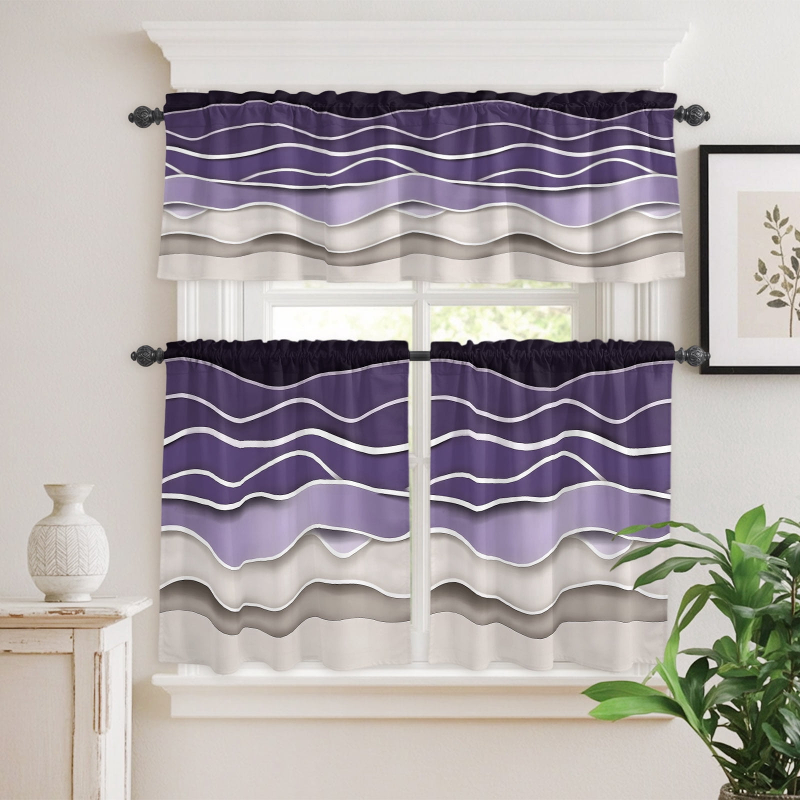 Abstract Purple Grey Geometric Curtain Tier and Valance Set 3 Piece ...