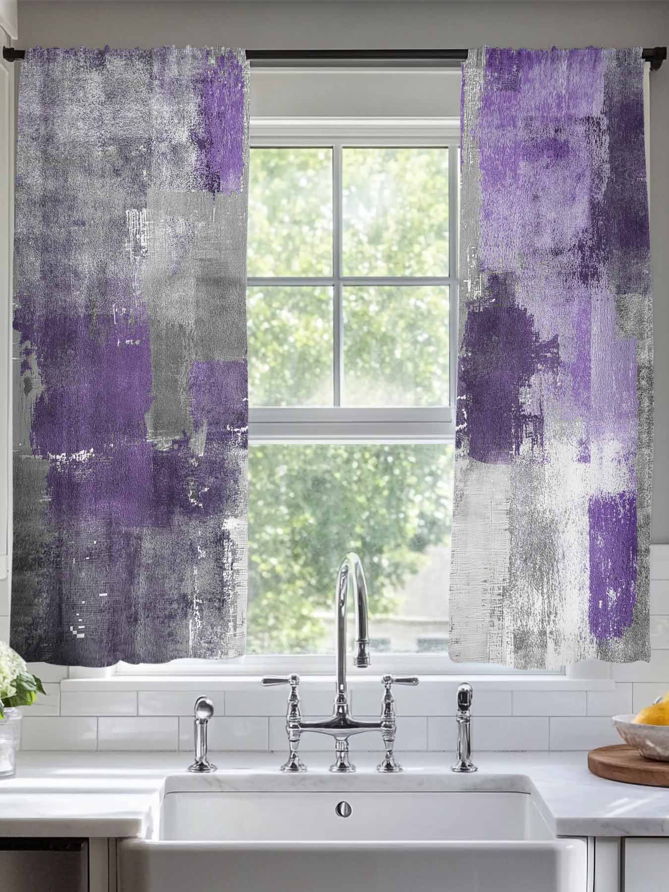 Abstract Purple Grey Smear Graffiti Chiffon Sheer Curtains 72 Inches ...