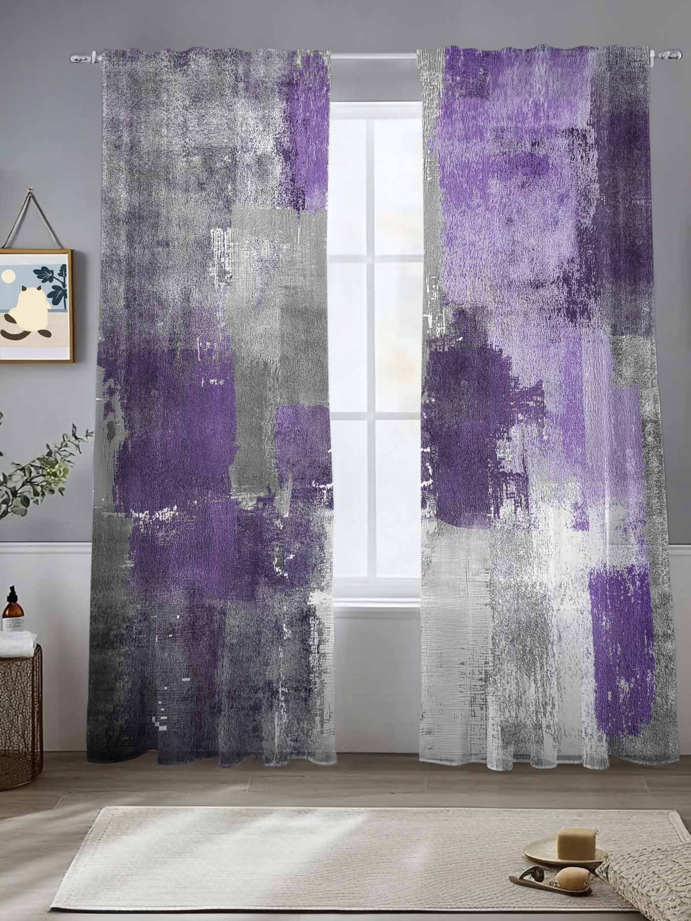 Abstract Purple Grey Smear Graffiti Chiffon Sheer Curtains 84 Inches ...