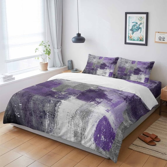 Abstract Purple Grey Smear Graffiti King Size Bed Set,Oil Painting Art ...