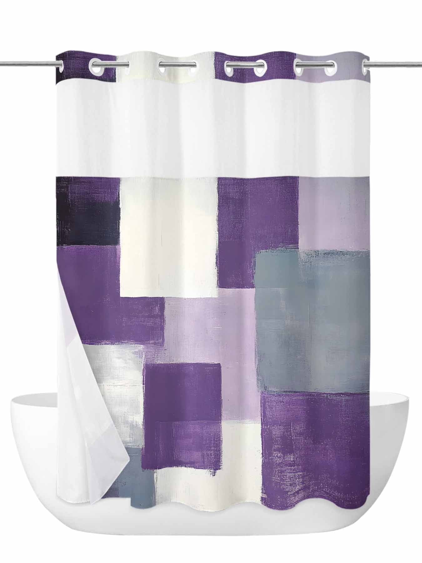 Abstract Purple No Hook Shower Curtain and Liner Set White Gray ...