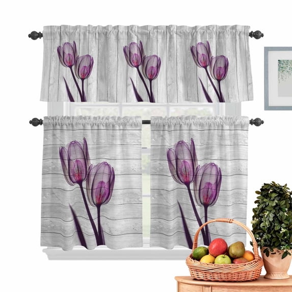 Abstract Purple Kitchen Curtains Valances 3 Piece Set, Tulip Ray Grey ...