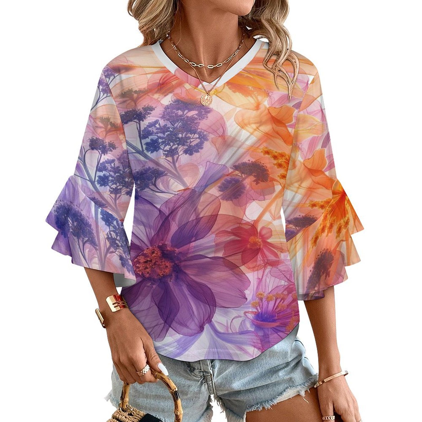 Abstract Purple Orange Flowers Women's V-Neck Blouse With 3/4 Ruffled ...